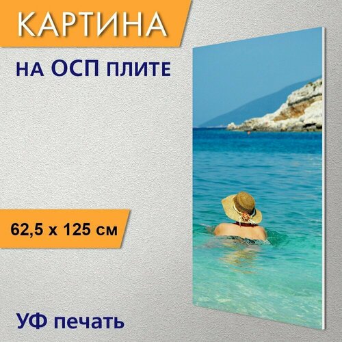 Вертикальная картина на ОСП "Греция, море, плавание" 62x125 см. для интерьериа