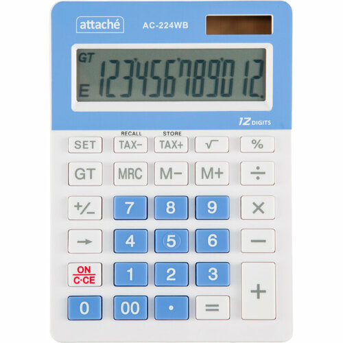 Калькулятор настольный Attache, AС-224WB,12р, двойное питание, бело-синий