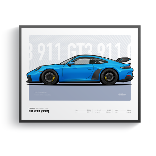 Плакат, картина, постер с авто в раме Porsche 911 GT3 (992) / плакат на стену (40х50см)