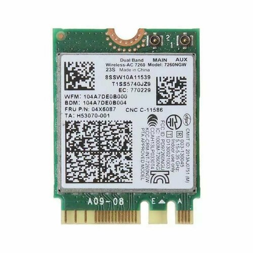 Wi-Fi M.2 Адаптер Intel 7260NGW, 2.4/5 ГГц, 1200 Мбит/сек, Bluetooth 4.0, Сетевая Карта для Ноутбука Lenovo