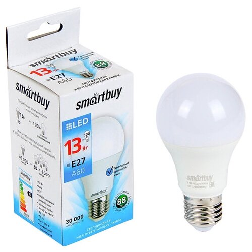 Лампа cветодиодная Smartbuy, E27, A60, 13 Вт, 6000 К, холодный белый свет
