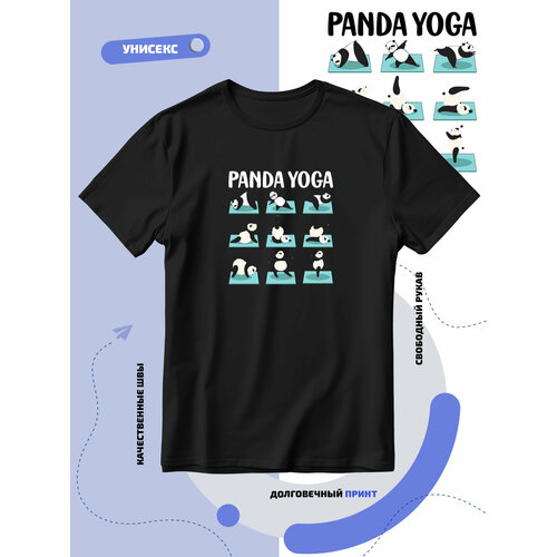 Футболка panda yoga с мишками выполняющими упражнения, размер XS, черный