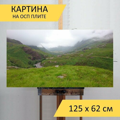 Картина на ОСП 125х62 см. "Шотландия, нагорье, природа" горизонтальная, для интерьера, с креплениями