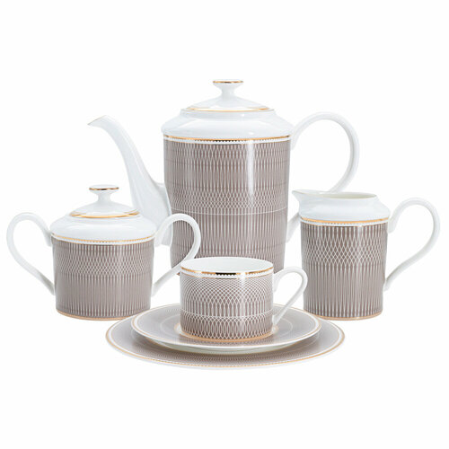 Чайный сервиз из костяного фарфора на 6 персон, 27 предметов, белый/декор, серия Мокко, Anna Lafarg, AL-1008_21-E11