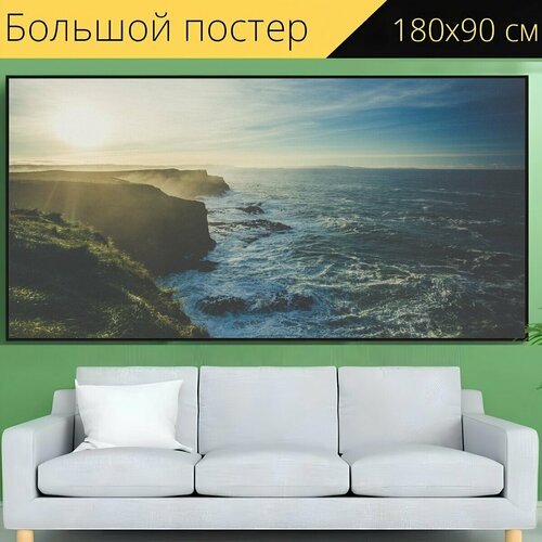 Большой постер "Море, волны, морской берег" 180 x 90 см. для интерьера