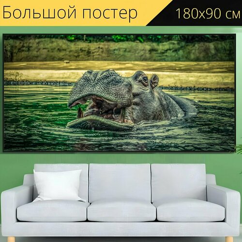 Большой постер "Бегемот, вода, дикая природа" 180 x 90 см. для интерьера