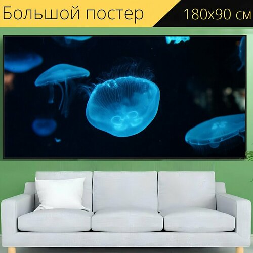 Большой постер "Медуза, аквариум, море" 180 x 90 см. для интерьера