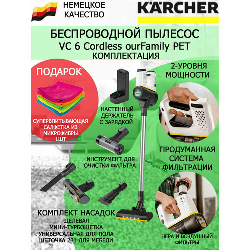 Пылесос вертикальный Karcher VC 6 Cordless ourFamily Pet +салфетка из супер-микрофибры