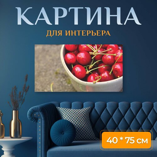 Картина на холсте "Вишня, фрукты, красный" на подрамнике 75х40 см. для интерьера
