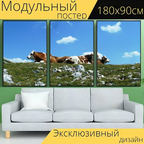 Модульный постер "Коровы, альпы, гора" 180 x 90 см. для интерьера