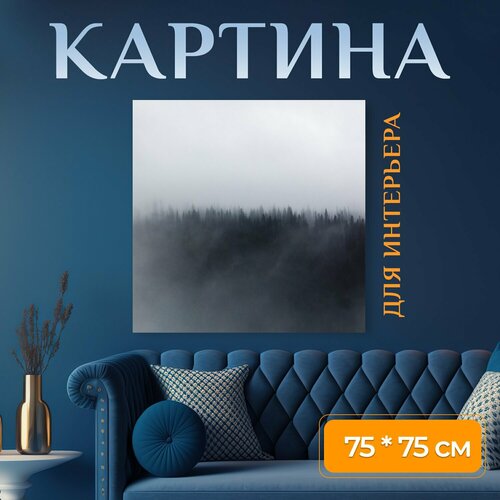 Картина на холсте "Туман, лес, холм" на подрамнике 75х75 см. для интерьера