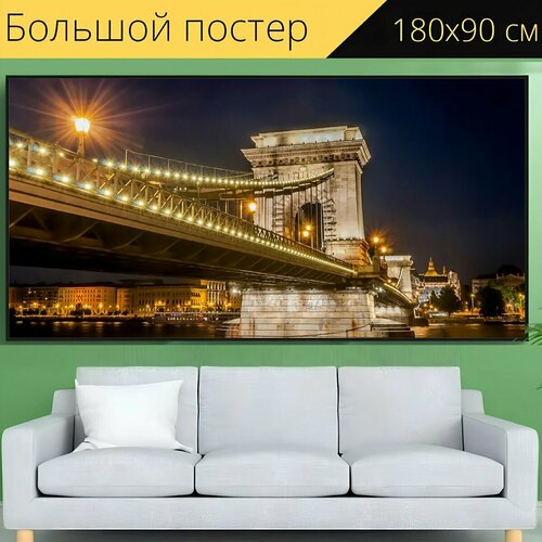 Большой постер "Будапешт, мост, вода" 180 x 90 см. для интерьера