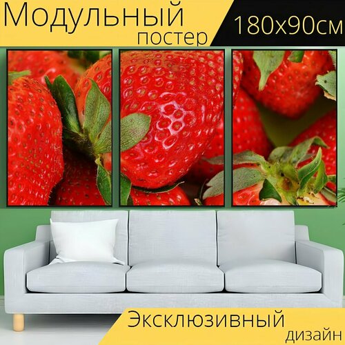 Модульный постер "Клубника, красный, ягоды" 180 x 90 см. для интерьера