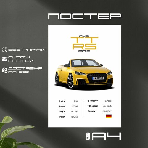 Постер "AUDI TT RS 2019" с характеристиками без рамки, формат А4