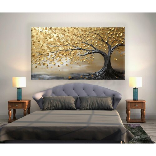 Интерьерная картина на холсте абстракция "Большое дерево с золотистыми листьями" 40х70 см