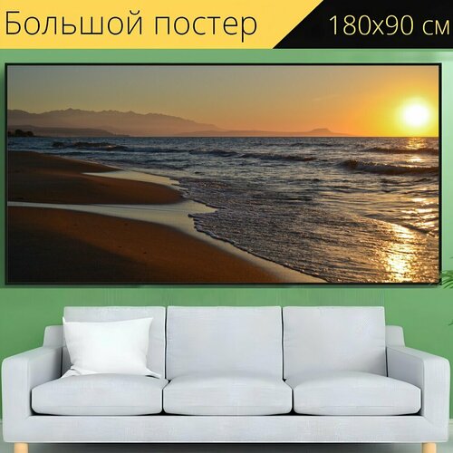 Большой постер "Пляж, солнце, закат" 180 x 90 см. для интерьера