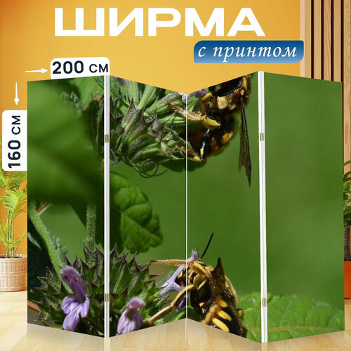 Ширма перегородка с принтом "Пчелы, цветы, опыление" на холсте - 200x160 см. для зонирования, раскладная