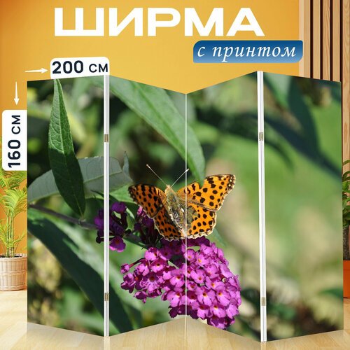 Ширма перегородка с принтом "Бабочка, цветы, комбикорма" на холсте - 200x160 см. для зонирования, раскладная