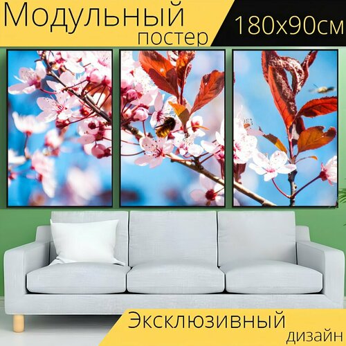 Модульный постер "Вишня, цвести, вишня в цвету" 180 x 90 см. для интерьера