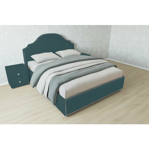 Двуспальная кровать Мария 200x200 с подъемным механизмом и с коробом для белья велюр бирюзовый ножки 13 см хром