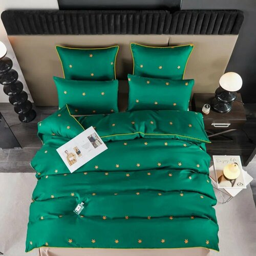 Комплект постельного белья, Евро Сатин-люкс, пододеяльник на молнии 200х220, простыня стандартная 220х240, наволочки 70x70, 50x70 зеленый, темно-бежевый