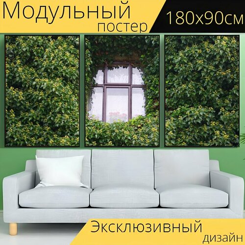 Модульный постер "Окно, зеленый, дом" 180 x 90 см. для интерьера