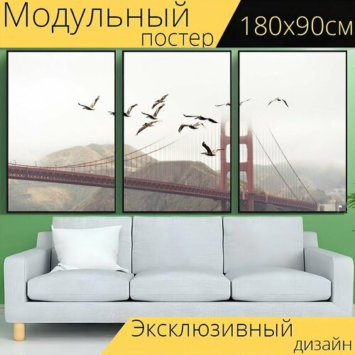 Модульный постер "Птицы, мост, полет" 180 x 90 см. для интерьера
