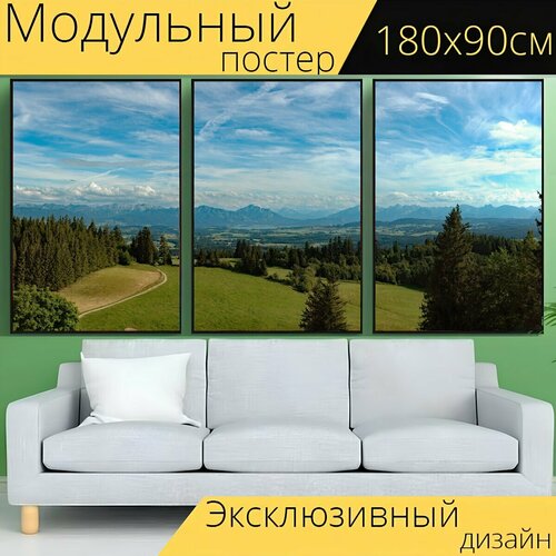 Модульный постер "Горы, городок, панорама" 180 x 90 см. для интерьера