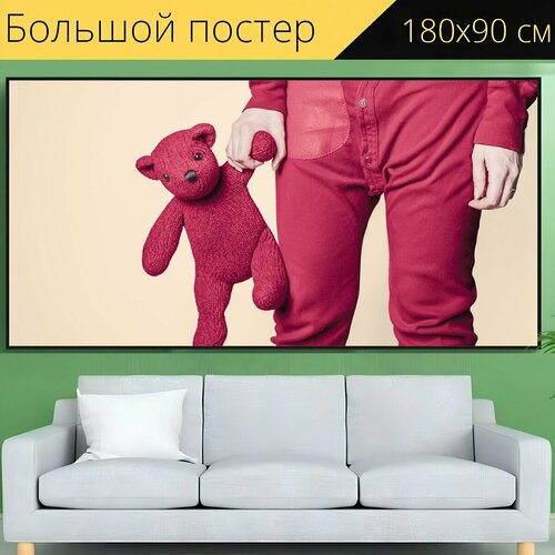 Большой постер "Плюшевый мишка, игрушка, красный" 180 x 90 см. для интерьера