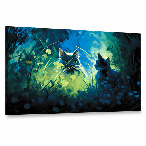 Интерьерная картина 100х60 "Синие коты в траве"