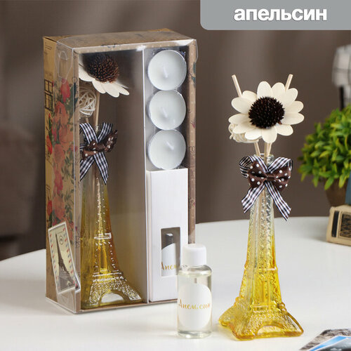 Набор подарочный "Эйфелева башня"(ваза, палочки с декором, свечи, аромамасло), апельсин,8 марта