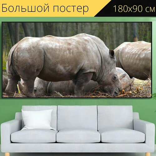Большой постер "Носорог, животное, африке" 180 x 90 см. для интерьера
