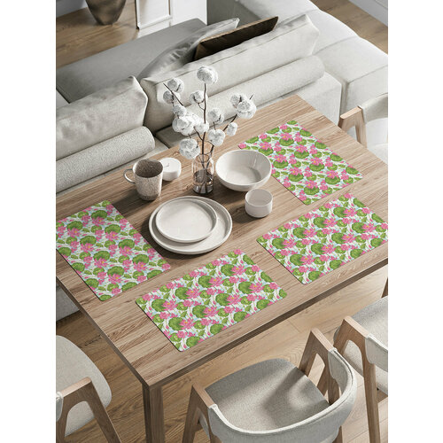 Набор прямоугольных тканевых салфеток на стол для сервировки JoyArty "Кувшинки в пруду" плейсмат, 30x46 см, 4шт, серия 8 марта