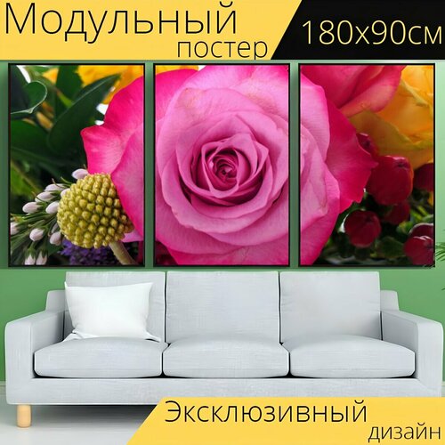 Модульный постер "Роза, розовая роза, букет" 180 x 90 см. для интерьера