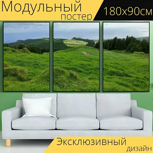 Модульный постер "Азорские острова, природа, зеленый" 180 x 90 см. для интерьера