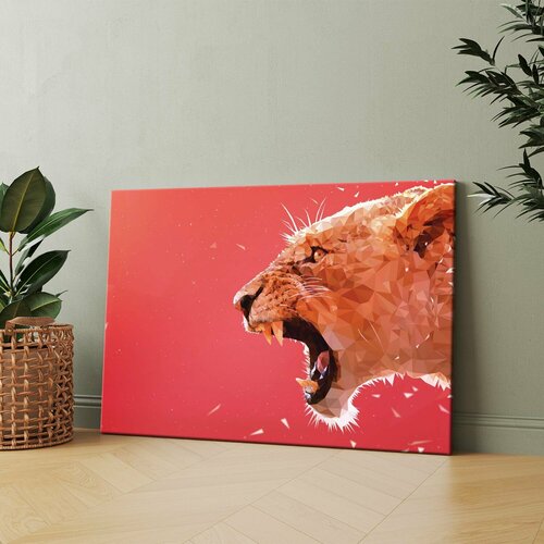 Картина на холсте (Голова льва на красном фоне) 20x30 см. Интерьерная, на стену.