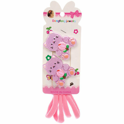 Аксессуары для волос детские в наборе 2 зажима и 4 резинки «розовое облако», кошечки, цвет как на фото,14*6см (пакет с подвесом)