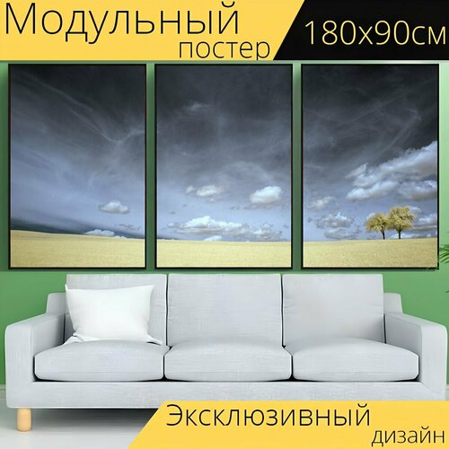 Модульный постер "Облака, поле, трава" 180 x 90 см. для интерьера