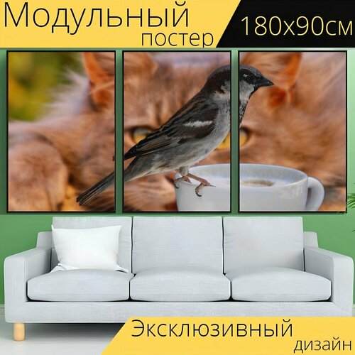 Модульный постер "Воробей, птица, кофе" 180 x 90 см. для интерьера