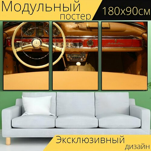 Модульный постер "Авто детали, рулевое колесо, старинный автомобиль" 180 x 90 см. для интерьера