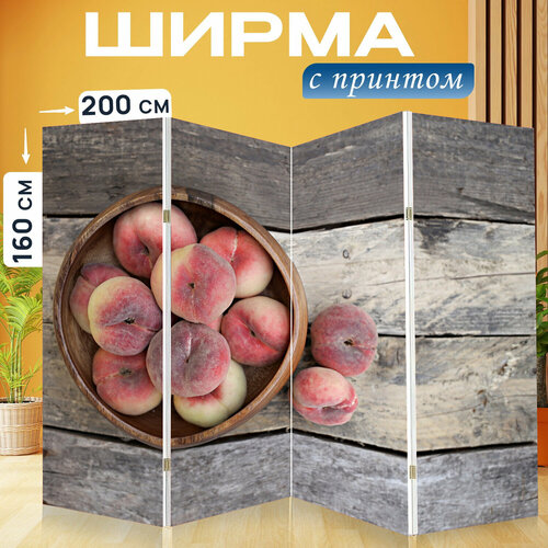 Ширма перегородка с принтом "Персик, нектарин, фрукт" на холсте - 200x160 см. для зонирования, раскладная