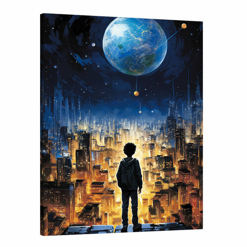 Интерьерная картина 50х70 "Мальчик и его наука: картина для ученых будущего"