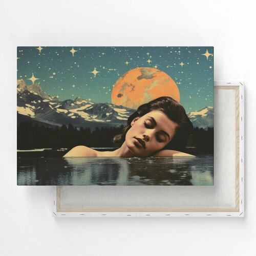 Картина на холсте, репродукция / Сюрреализм - Девушка, озеро, горы / Размер 40 x 53 см