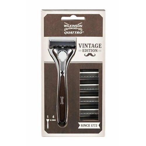 Бритвенный мужской станок Wilkinson Sword Quattro Titanium Vintage бритва + 4 сменных кассет