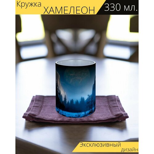 Кружка хамелеон с принтом "Планета, горы, снег" 330 мл.
