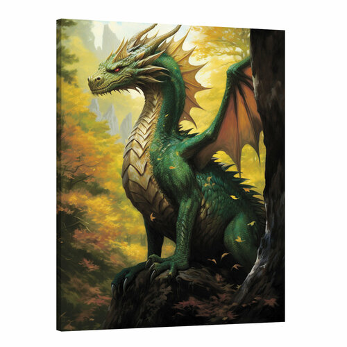 Интерьерная картина 50х70 "Зеленый дракон среди золотистых деревьев"