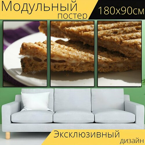 Модульный постер "Еда, хлеб, бутерброд с запеченным сыром" 180 x 90 см. для интерьера