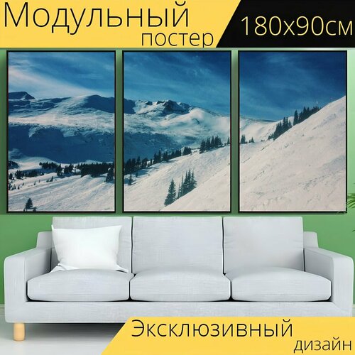 Модульный постер "Снежная гора, снег, горы" 180 x 90 см. для интерьера