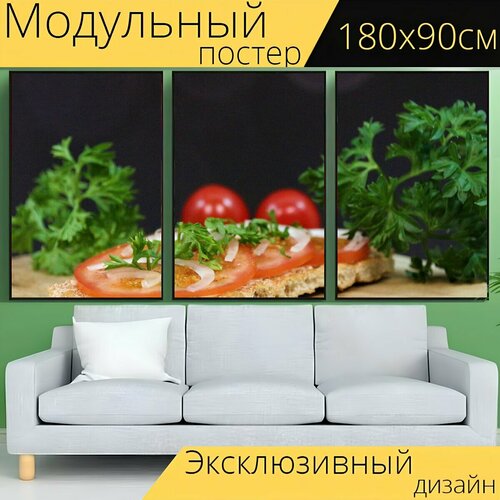 Модульный постер "Помидор, буханка, еда" 180 x 90 см. для интерьера