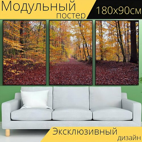Модульный постер "Лес, осеннее настроение, листья" 180 x 90 см. для интерьера